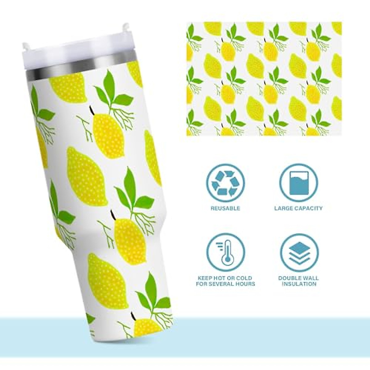 ODAWA 40oz Lemons White Insulated Cup with Handle and Straw, 2 in 1 Lid Stainless Steel Vacuum Insulated Tumbler