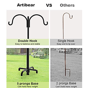 Artibear Double Shepherd Hooks for Outdoor, 76" Heavy Duty Bird Feeder Hangers Garden Hooks with 5-Prong Base, Outside Hanging Pole for Plant Baskets, Solar Light Lanterns, Wind Chimes, 1 Pack