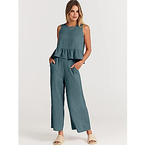 ANRABESS Women Summer 2 Piece Outfits Sleeveless Tank Crop Top Wide Leg Pants Linen Jumpsuits Lounge Matching Beach Sets Cyan Blue Large