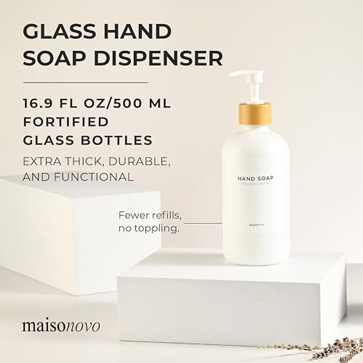 MaisoNovo Soap Dispenser 1-Piece Set | 16.9oz White Bottles with White Bamboo Pump