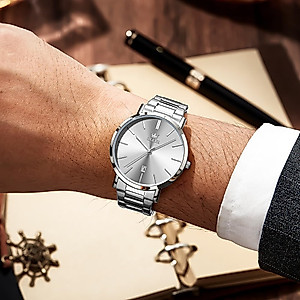 OLEVS Silver Watches for Men Dress Analog Quartz Waterproof Watch Stainless Steel Date Business Luxury Casual Wrist Watches White