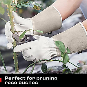 NoCry Long Leather Gardening Gloves for Women and Men; Near Thorn Proof for Cactus, Rose and Blackberry Pruning, General Yard Work and Garden Gloves; Reinforced Palms and Fingertips; Beige; Medium