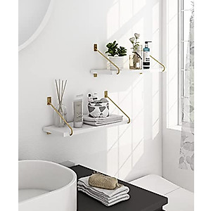 Godimerhea White Floating Shelves for Wall, Set of 2 Wall Mounted Hanging Wood Shelf with Gold Brackets, Modern Luxury Decorative Organizers Storage Shelves for Bathroom, Living Room, Bedroom