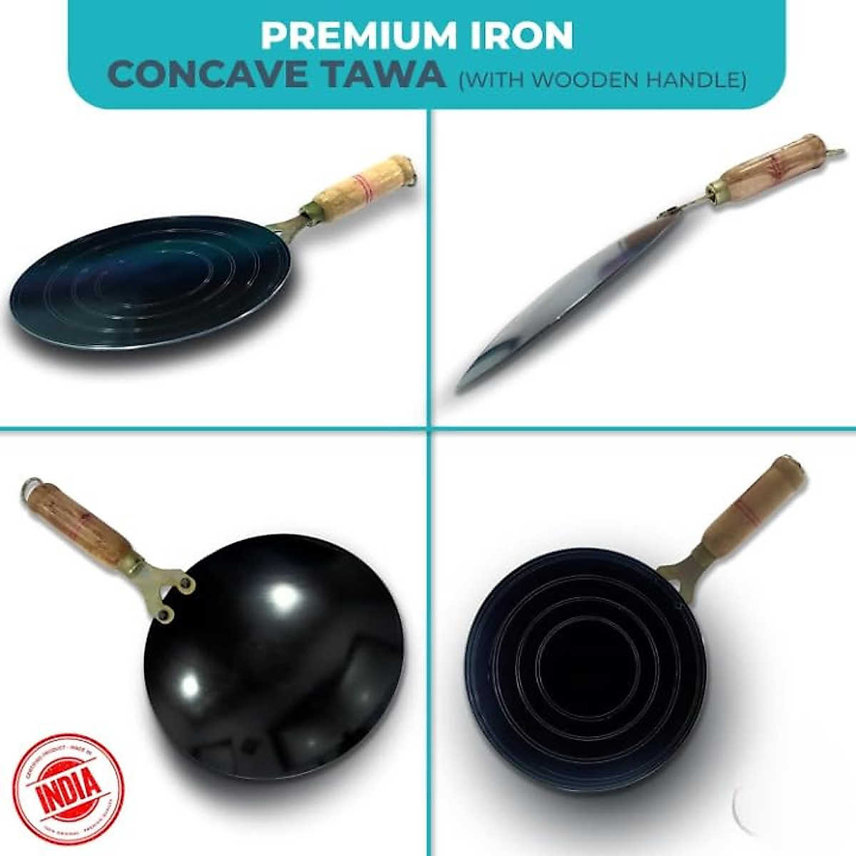 KASHVIYA Iron Concave Roti/Chapati/Paratha/Fulka Tawa with Wooden Handle 27.5 Cm|11 inch|2 mm Thick Original Iron