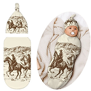 Qwalnely Swaddling Blanket for Baby, Sleeping Sacks, Unisex Baby Stuff with Hat, Western