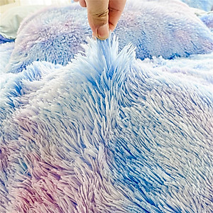 IHOUSTRIY Blue Queen Duvet Cover Set Rainbow Tie Dye Fluffy Girls Bedding Set Queen Size Plush Shaggy Furry Comforter Cover Set for Bedroom Decor (1 Duvet Cover, 2 Pillowcases)