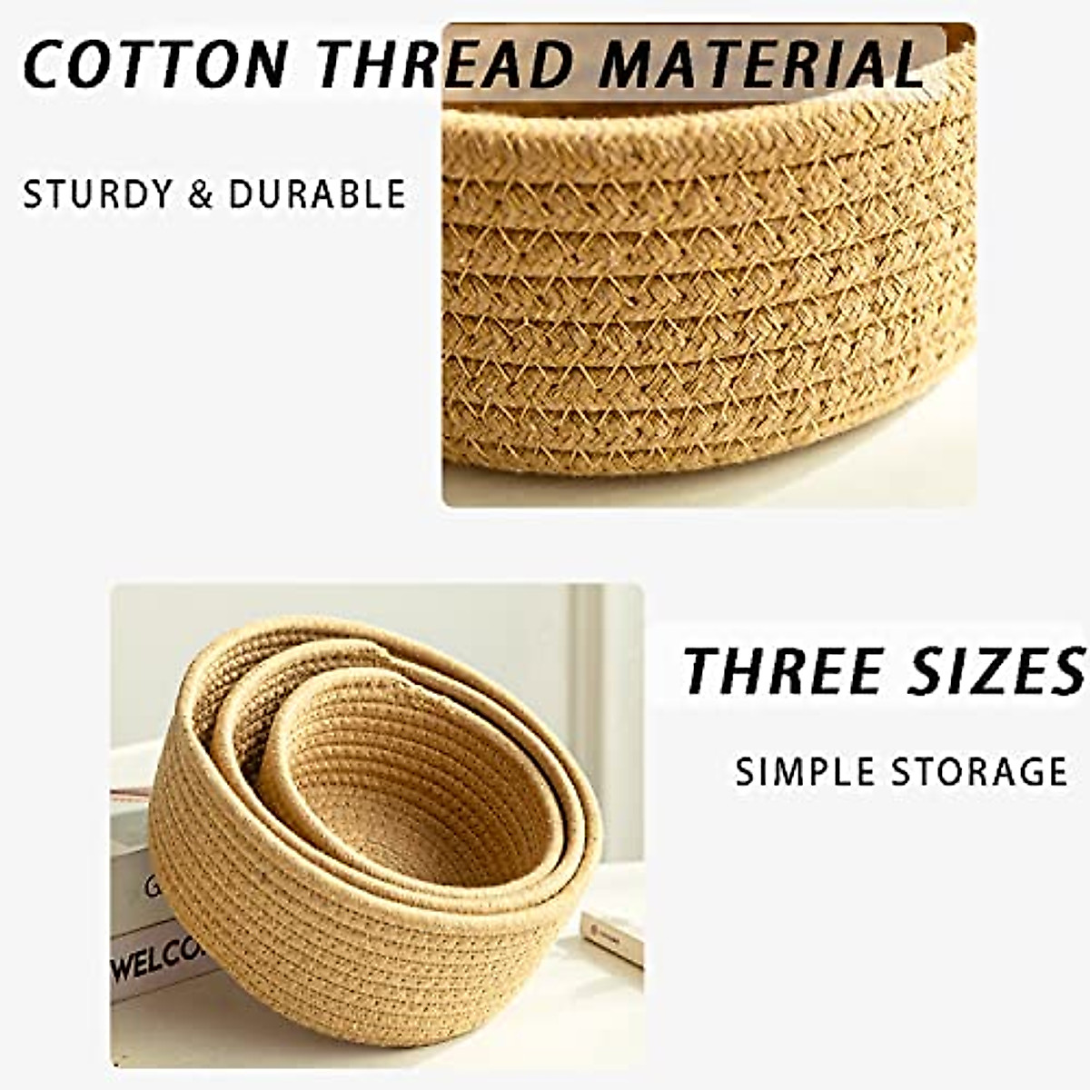 LYZOLICS Cotton Rope Basket, Woven Baskets for Storage, Storage Baskets for Shelves, Pack of 3, Baskets to Store Organize Household Items for Living Room Bedroom Play room (White)