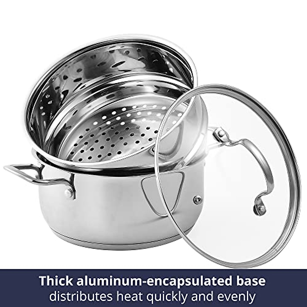Bergner - Essentials - 2.6 Quart Stainless Steel Soup Pot with Vented Tempered Glass Lid and Steamer Insert - Induction Safe Cookware - Suitable for All Stove Types