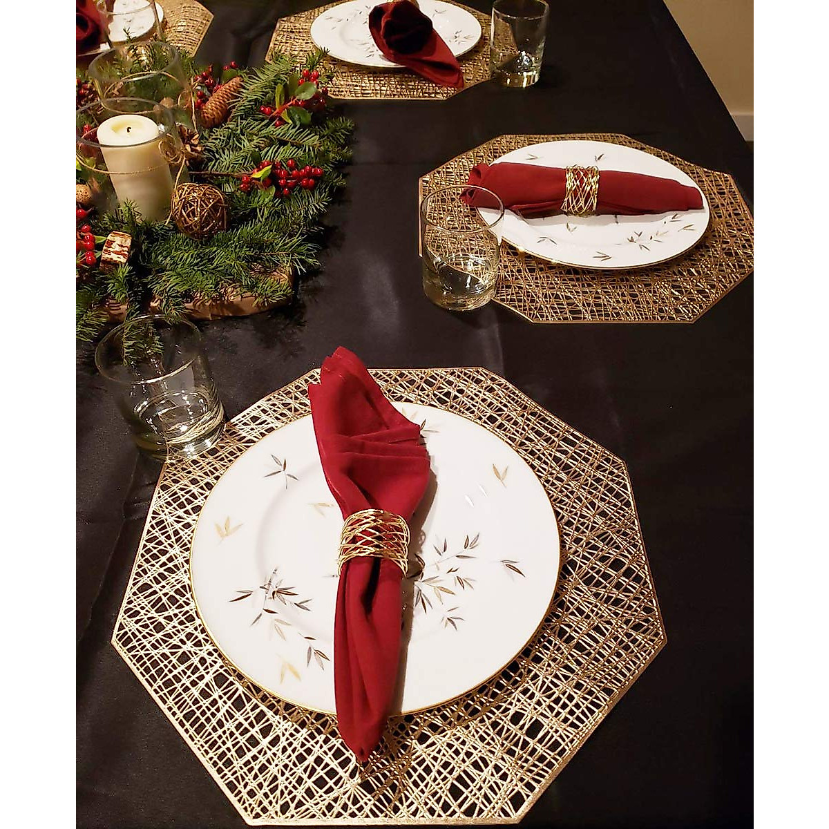 U'Artlines Octagonal Placemats Hollow Out Mats Vinyl Non-Slip Heat Insulation Kitchen Table Mats(Octagonal Gold, 6pcs)