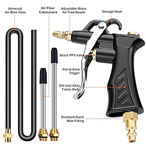 Industrial Air Blow Gun with Brass Adjustable Air Nozzle, Pneumatic Air Blower Gun with 2 pcs Steel Air Flow Extensions and Universal Blow Hose, Air Compressor Accessory Tool Dedusting Air Gun