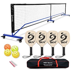 NQV Pickleball Net Set with Wheels,Pickleball Set with Net,22ft Full Court Size Regulation Size Pickleball Net Portable Outdoor Indoor Driveway,4 Wood Paddles,4 Pickleballs,Storage Bag,Chalks