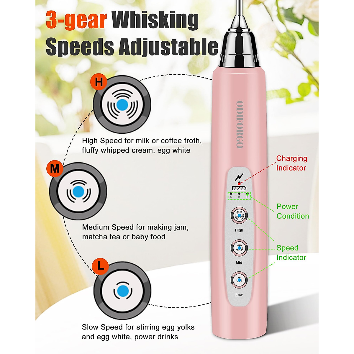 Milk Frother Handheld, USB Type-C Rechargeable Electric Whisk 3 Speed Adjustable, Coffee Frother Wand with 3 Stainless Whisks, Drink Mixer Blender for Latte Cappuccino Matcha Egg