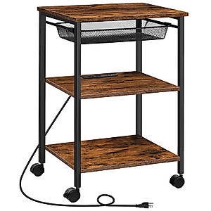 HOOBRO Printer Stand, 3 Tier Printer Cart with power outlet and USB Port, Industrial Printer Table Rolling Cart with Storage Drawer on Wheels, for Home Office, Rustic Brown and Black BF23UPS01