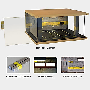 Giorkecl 1/32 Model Car Display Case，Model Car Parking Lot Garage，Display Case for Diecast Cars，2 Parking Space Acrylic Toy Garage with LED Light
