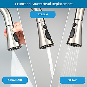 Hygie Rinse Kitchen Faucet Head Replacement with 11 Adapters Compatible with Moen/Pfister/Peerless/Kohler Curve Shape Faucet, 3 Function Pull Down Sink Faucet Sprayer Head, Brushed Nickel