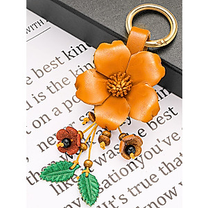 Inbagi Leather Leaf Flower Tassel Keychain Boho Accessories Cute Keychains for Women Wallet Bag Purse Ring Pendant Charms (Yellow)