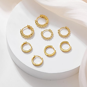 BMMYE Small Gold Huggie Hoop Earrings for Women 4 Pairs Cartilage Mini Gold Hoops Tiny Gold Earrings Set for Multiple Piercing Hypoallergenic 10mm