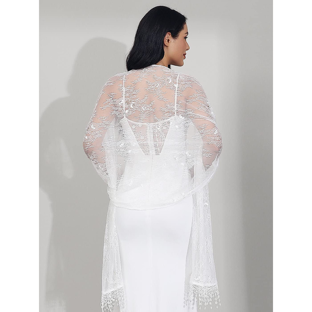 Aukmla Lace Shawls and Wraps for Weddings Fringe Evening Scarf Party Cover Up Bridal Accessories for Women and Brides (White)