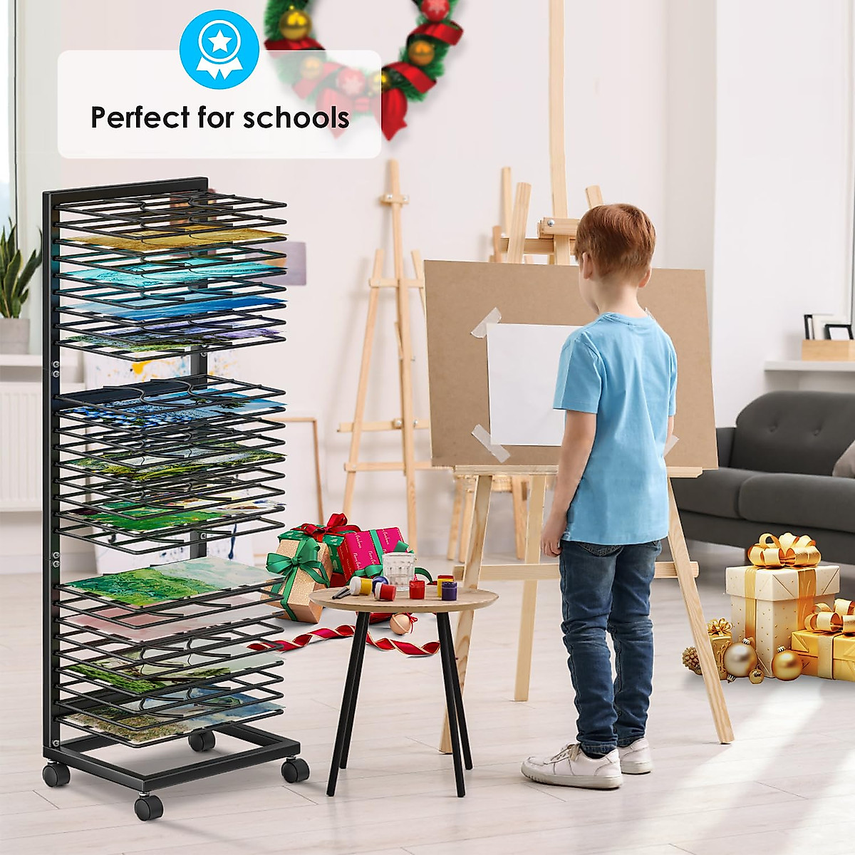 WISIMMALL Art Drying Rack, Paint Drying Rack with 27 Removable Shelves, Lockable Wheels, Metal Art Storage Rack, Art Drying Rack for Classroom, Art Studios and Schools