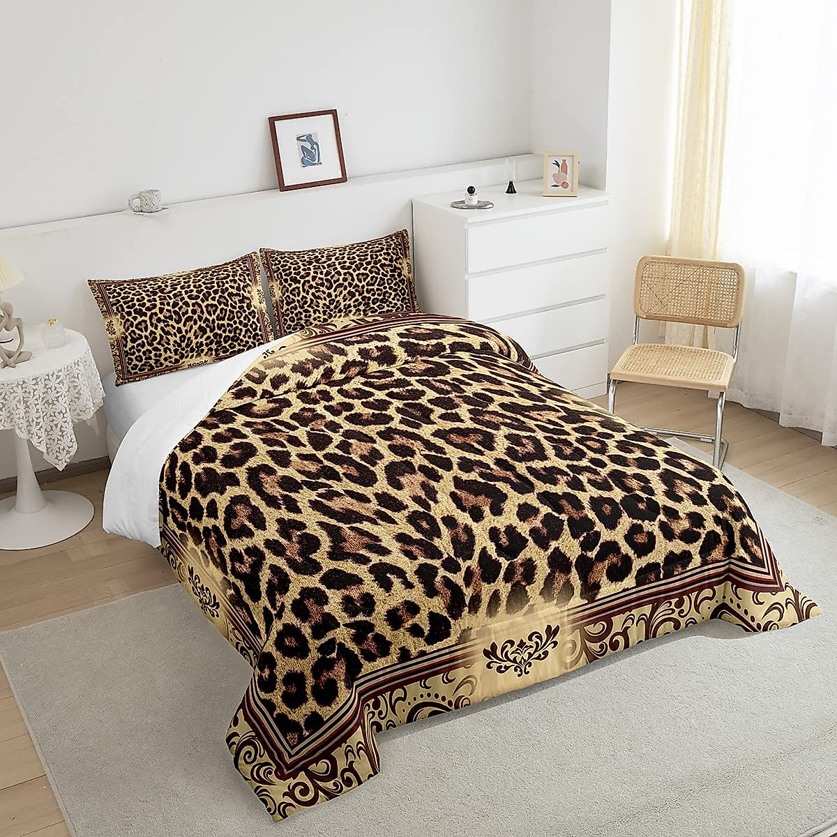 Brown Leopard Print Comforter Set Full Size,Kids Girls Woman Novelty Room Decor,Abstract Wild Animal Skin Down Comforter,Paisley Floral Boho Bedding Set,Rustic Retro Duvet Insert,2 Pillowcases