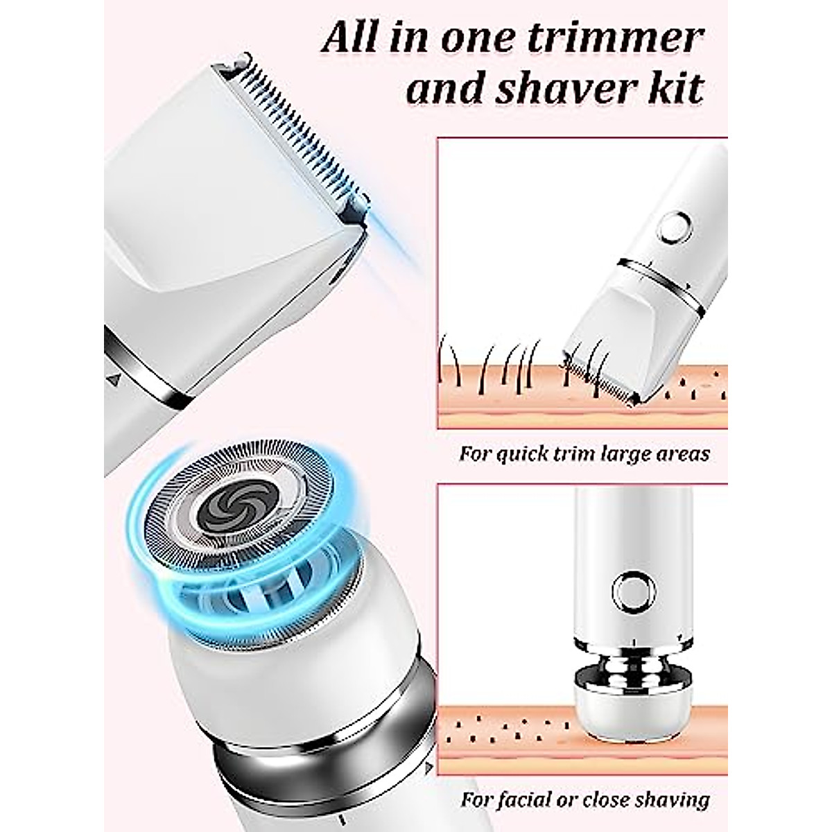 Cayzor Bikini Trimmer and Shaver for Women - 2-in-1 Wet/Dry Electric Body Hair Trimmer Cordless Waterproof Facial Hair Removal Shaver Razor for Painless Trimming of Pubic Face Underarm Legs (White)