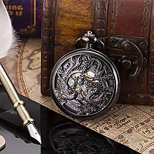 ManChDa Antique Mechanical Pocket Watches for Men Lucky Dragon Phoenix Pocket Watch with Chain Black Skeleton Dial Roman Numberals Gifts for Fathers Day