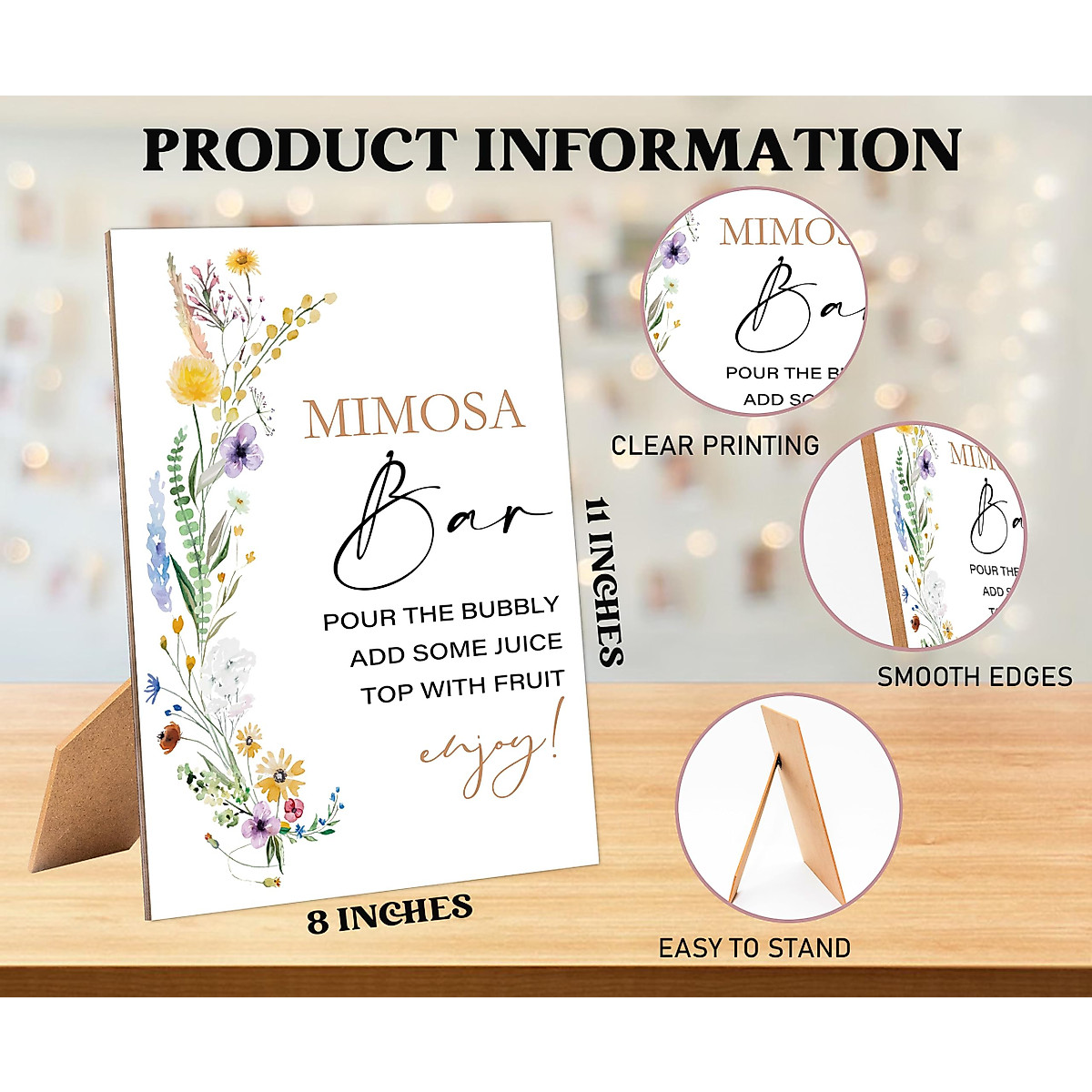Boho Wildflower Bridal Shower Mimosa Bar Sign, Table Decor Bridal Shower Sign, Pack of 1 Wooden Tabletop Sign with Stand, Bridal Shower Decorations, Wedding Shower Supplies - XG05