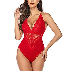 Qopobobo Sexy Lengerie for Women Naughty Women One Piece Deep V Lingerie Teddy Sexy Lace Bodysuit Hollow Halter Sleepwear Red