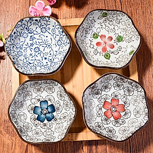 Japanese Style Soy Sauce Dishes set of 8, Ceramic 4-inch Plum Flower Dishe Serving for Dumpling, Side Dish, Sushi (8)