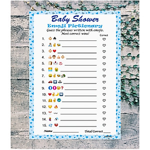 Baby Shower Emoji Pictionary Game, Blue for Boy, Baby Shower and Sprinkle Party Ideas, Play Pack of 30 Cards 5”x7”. Made in USA