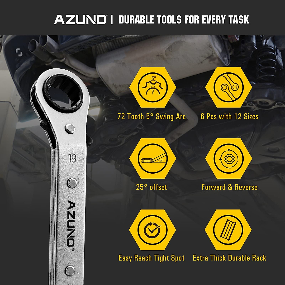 AZUNO 6 pcs Double Offset Box End Reversible Ratcheting Wrench Set, Metric, Ratchet Spanner Crooked for Narrow Spaces