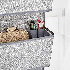 mDesign Fabric Hanging Organizers for Over the Door Storage In Bedroom/Hallway Closets, 3 Pocket Organizer Caddy, Hooks for Linens, Clothing, Accessories, Lido Collection, Textured Print, 2 Pack, Gray