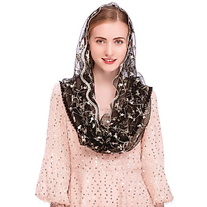 PAMOR Chapel Veils Mantilla Infinity Veil Latin Mass Little Flower Soft Embroidered Lace Head Covering Scarf (Black)