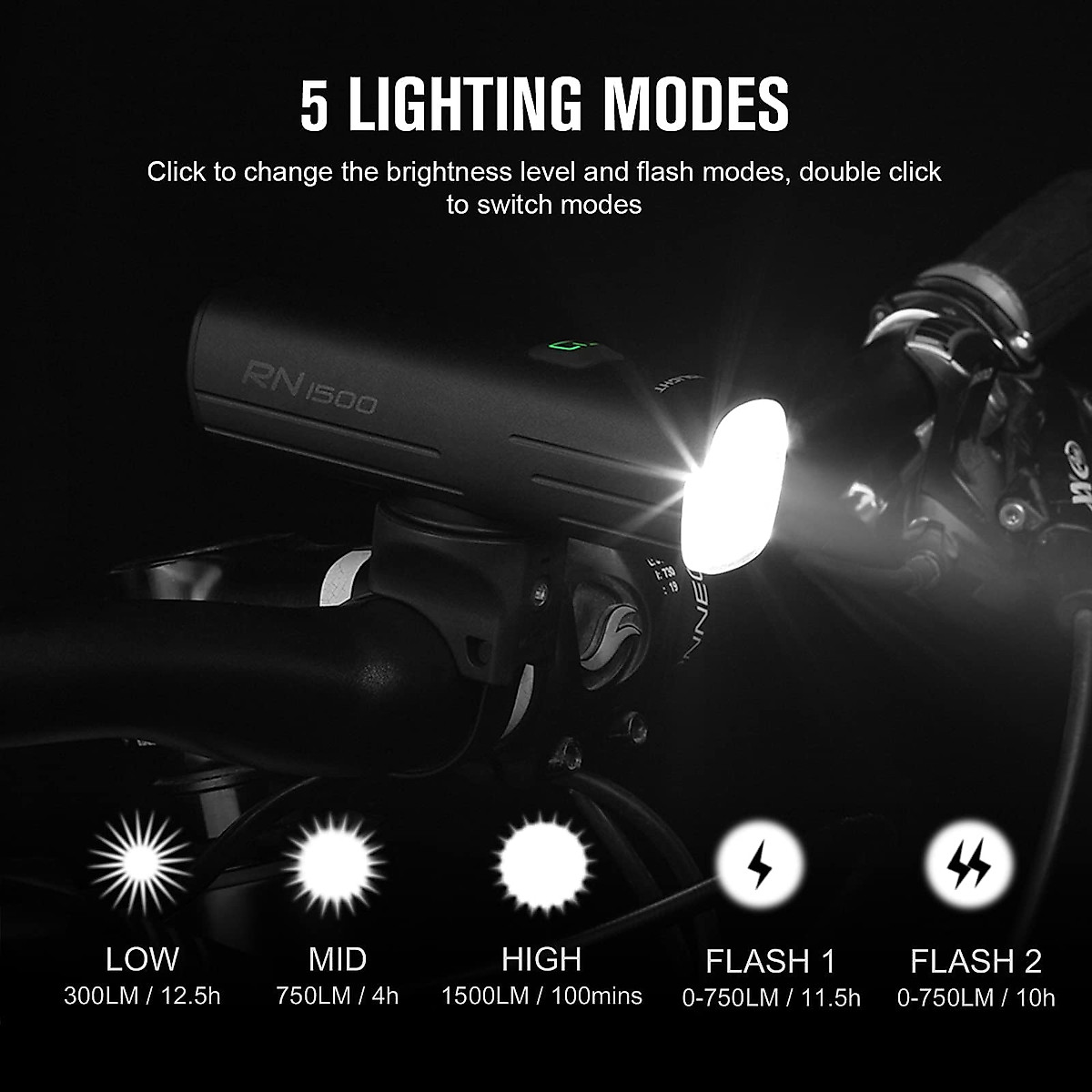 OLIGHT RN 1500 Rechargeable Bike Headlights 1500 Lumens for Road Urban Cyclists, USB Type C Reverse Charging, Rechargeable Battery Included, 164 Meters Light Range Anti-Glare Beam, IPX7 Waterproof
