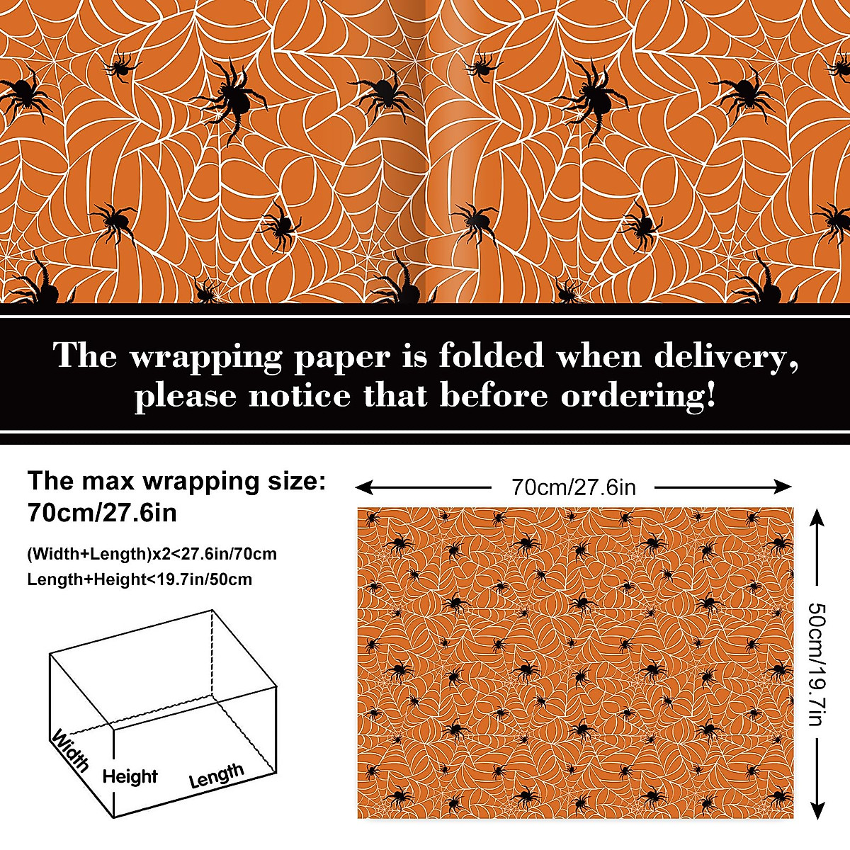 JarThenaAMCS 12 Sheets Halloween Wrapping Paper -Not Roll- Spider Web Gift Wrap Paper Orange White Black Folded Flat DIY Art Craft Paper for Party Packaging, 19.7 x 27.6 Inch