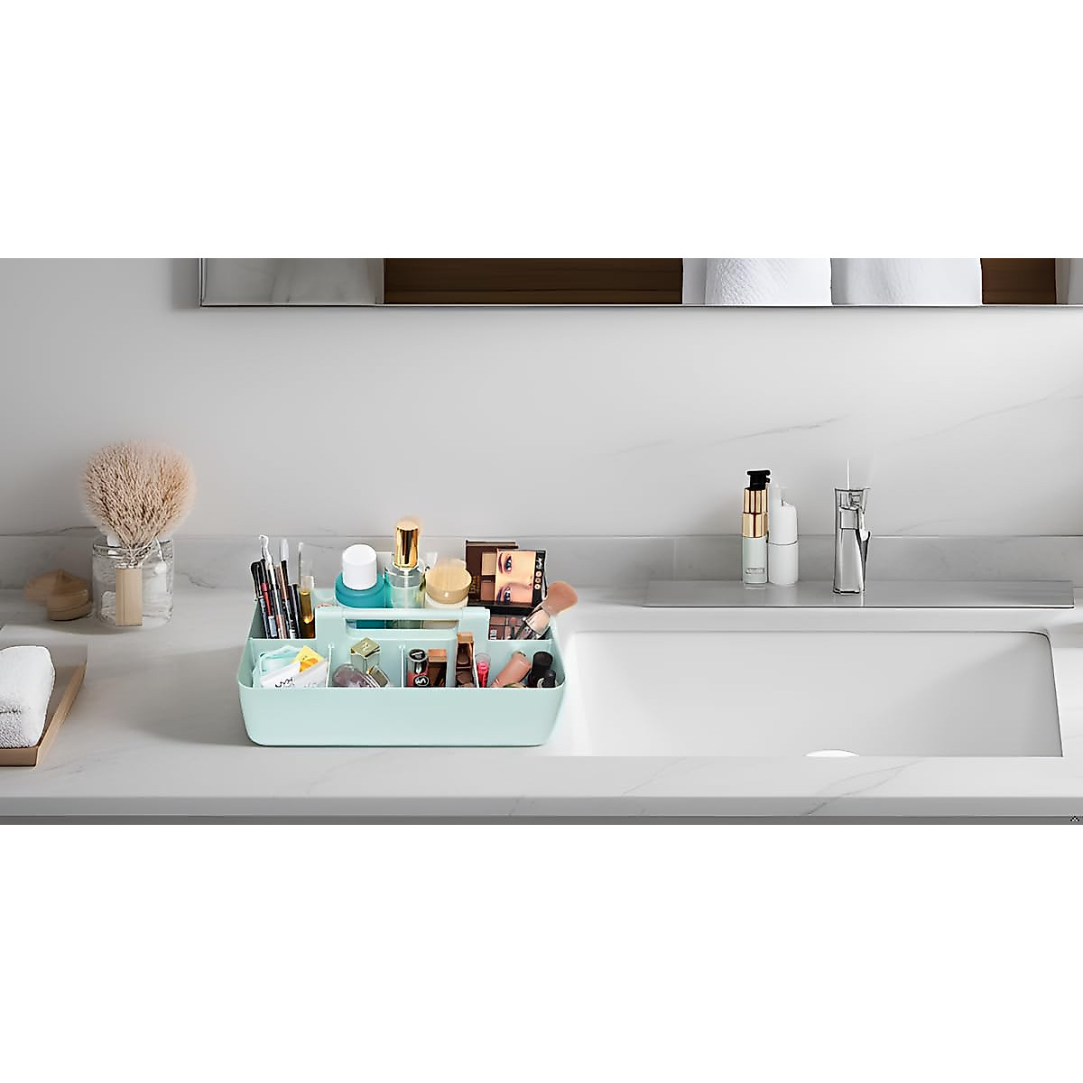 New Plastic Portable Makeup Organizer Caddy Tote Divided Basket Bin with Handle, for Bathroom Storage - Holds Blush Makeup Brushes, Eyeshadow Palette, Lipstick - Extra Large Made In USA (Mint)