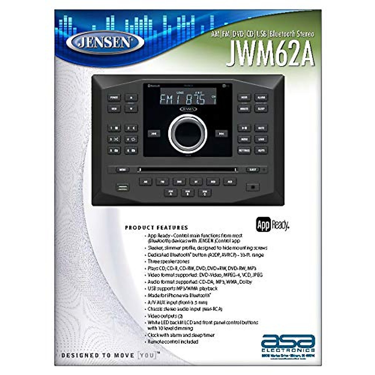 Jensen JWM62A AM|FM|DVD|CD|USB|AUX|App Ready Bluetooth Wallmount Stereo w/ App Control, 3-Speaker Zones / 8 Speaker Output 8X 6 Watt, Receives Bluetooth Audio (A2DP) & Controls (AVRCP) from Devices