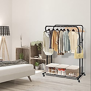 GIOTORENT Double Rod Clothes Rack with Wheels,42 Inch Portable Rolling Coat Rack,Freestanding All-Metal Garment Rack,40 Pieces of Clothing MAX,for Hanging Clothes,Bags,Black