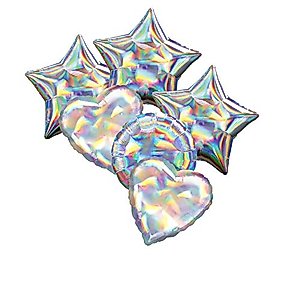 19" Iridescent silver Foil Balloon-6pcs(3Star, 2Heart, 1Round) DIY Birthday Party Supplies, Unicorn Birthday Party Decoration