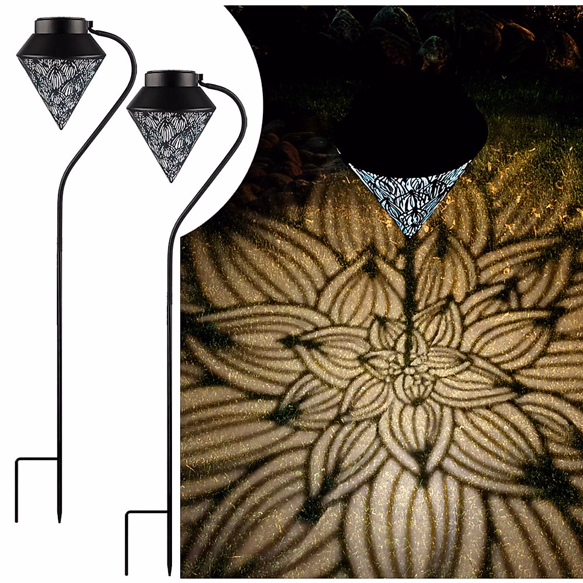 Bownew Garden Metal Solar Pathway Lights Outdoor Decorative Path Lights with Hanging Flower Lanterns for Patio and Yard - Set of 2