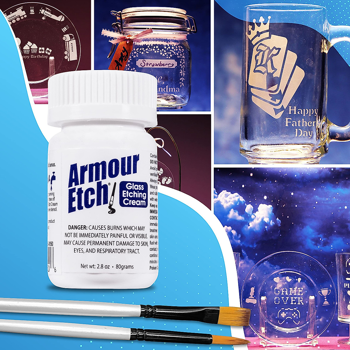 Armour Etch Glass Etching Cream - Starter 2.8oz Size - Bundled with Moshify Application Brushes