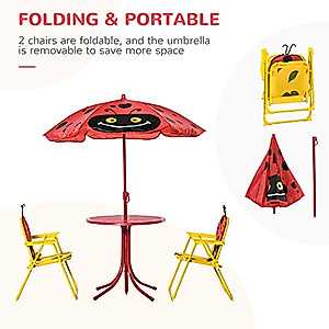 Outsunny Kids Table and Chair Set, Outdoor Folding Garden Furniture, Picnic Table for Patio Backyard, with Ladybug Pattern, Removable & Height Adjustable Sun Umbrella, Aged 3-6 Years Old, Red