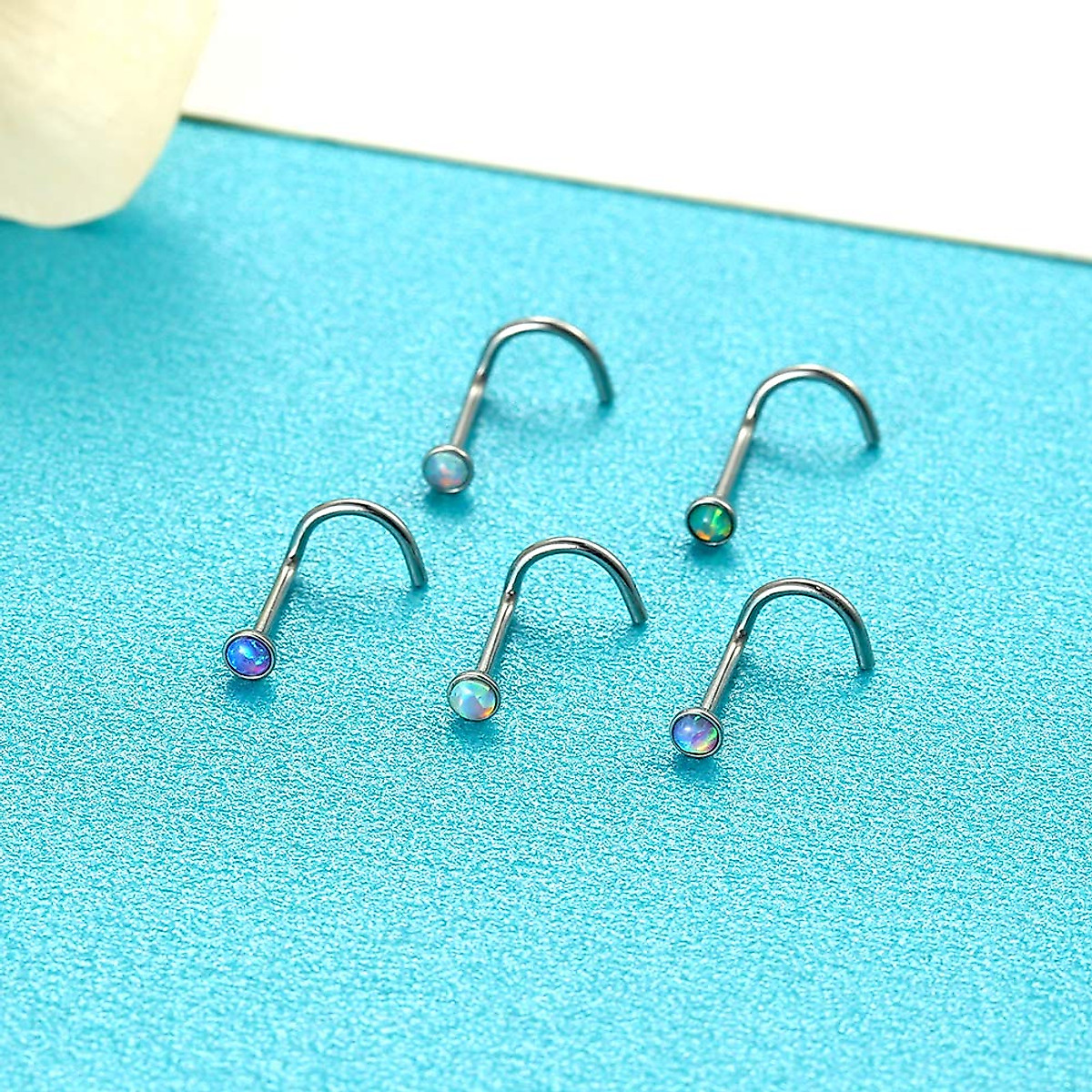 Lantine Corkscrew Nose Studs Surgical Steel 2mm Opal Nose Stud Pink White Purple Green Blue Set 20 Gauge 1/4 inch