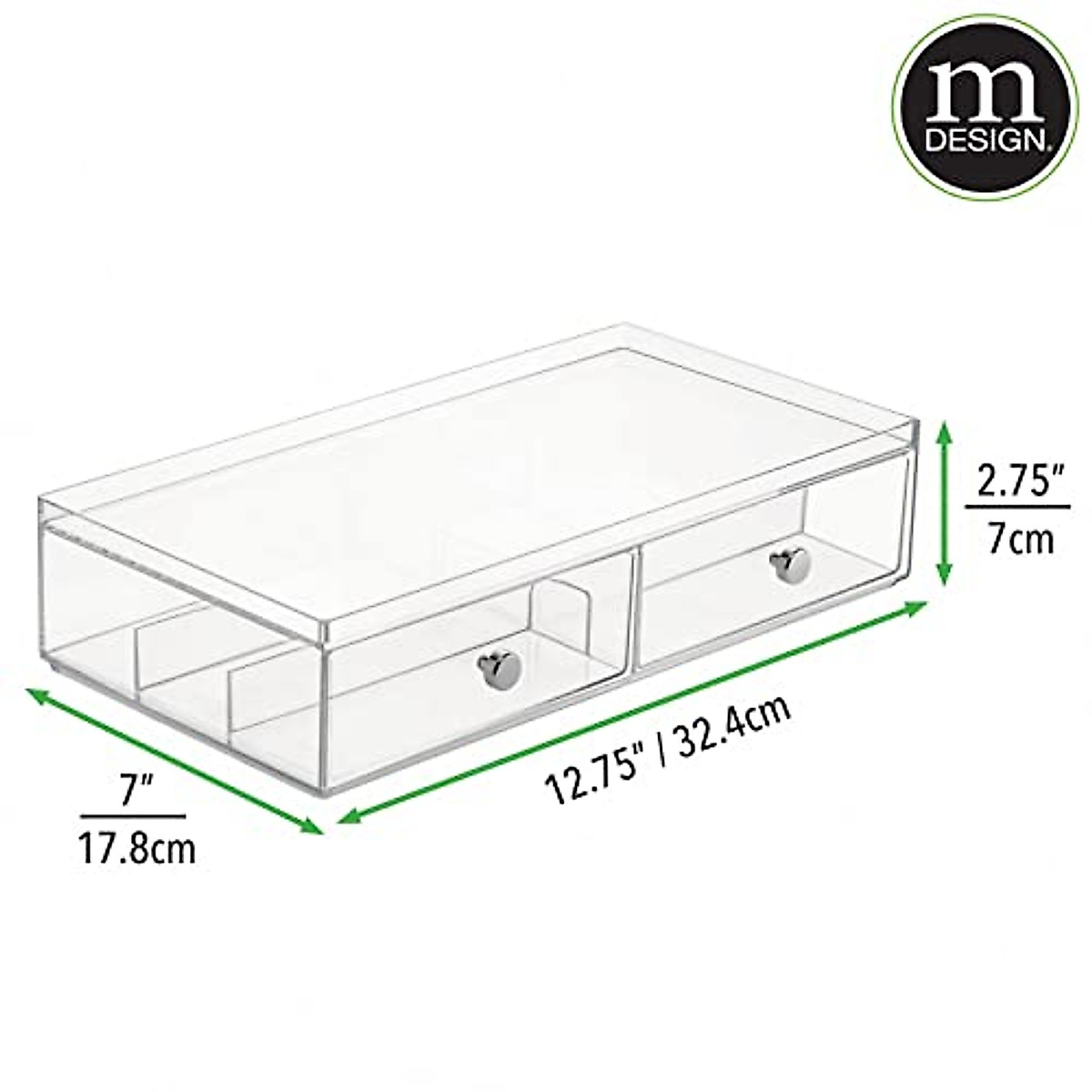 mDesign Wide Stackable Plastic Eye Glass Organizer Box Holder for Sunglasses, Reading Glasses, Lens Cleaning Cloths, Accessories - 2 Divided Drawers with 6 Sections, Chrome Pulls, 2 Pack - Clear