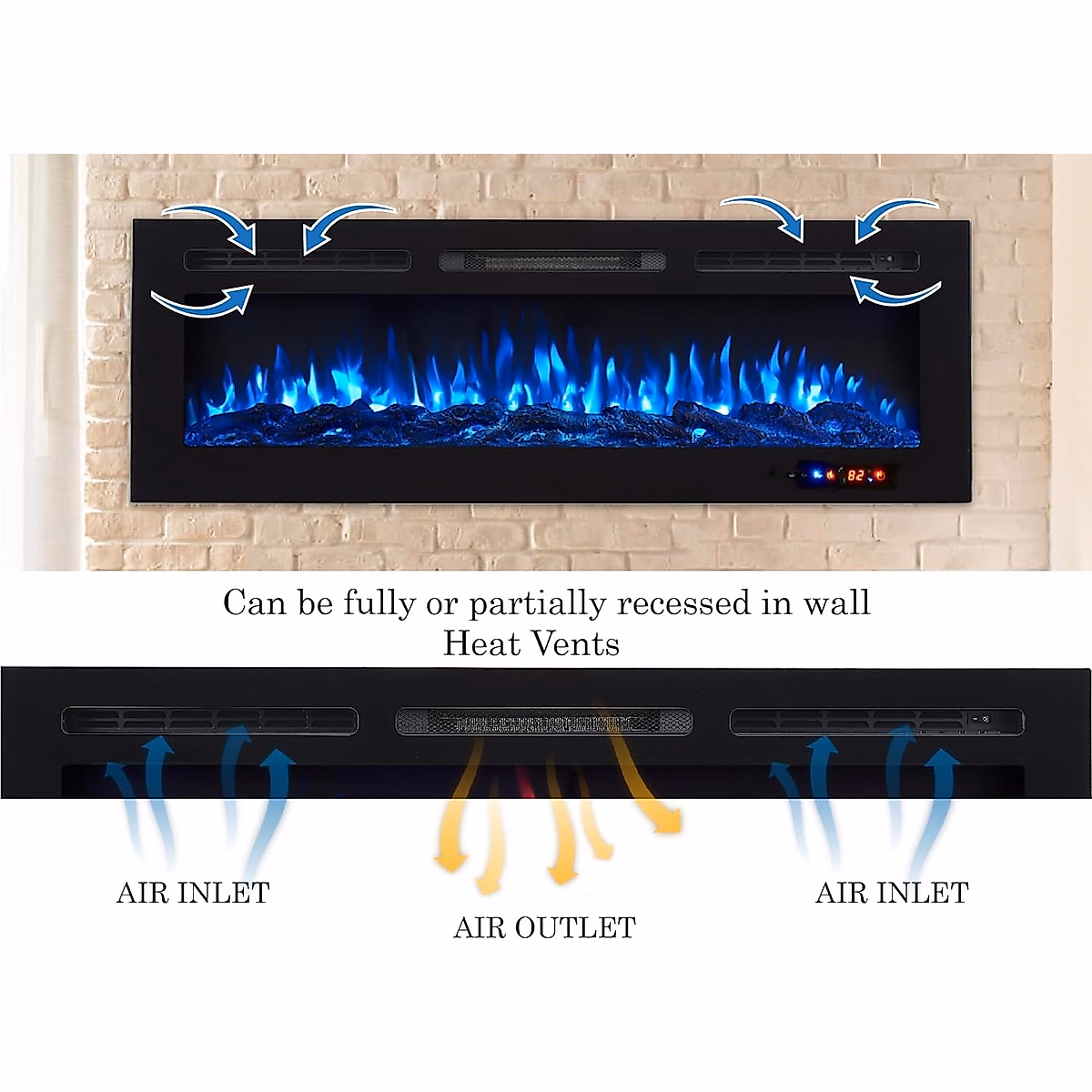 Naomi Home Kimball Electric Fireplace, Recessed & Wall Mounted Electric Fireplace, Remote Control with Timer, 9 Adjustable Color, WiFi Black/60 inches