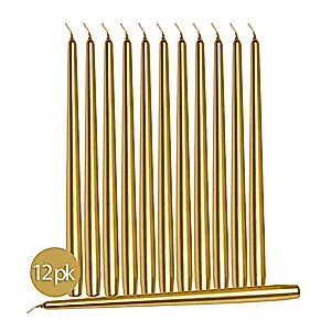 12 Pack Tall Metallic Taper Candles - 10 Inch Gold Painted Metallic, Dripless, Unscented Dinner Candle - Paraffin Wax with Cotton Wicks - Individually Wrapped