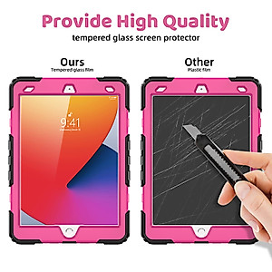 BLOSOMEET Case for iPad 9th Generation 2021 10.2 Inch with Tempered Glass Screen Protector & Pencil Holder,Protective Kids iPad 7th/8th Gen Cover 2020 2019 w/Stand Hand Shoulder Strap,Rosered