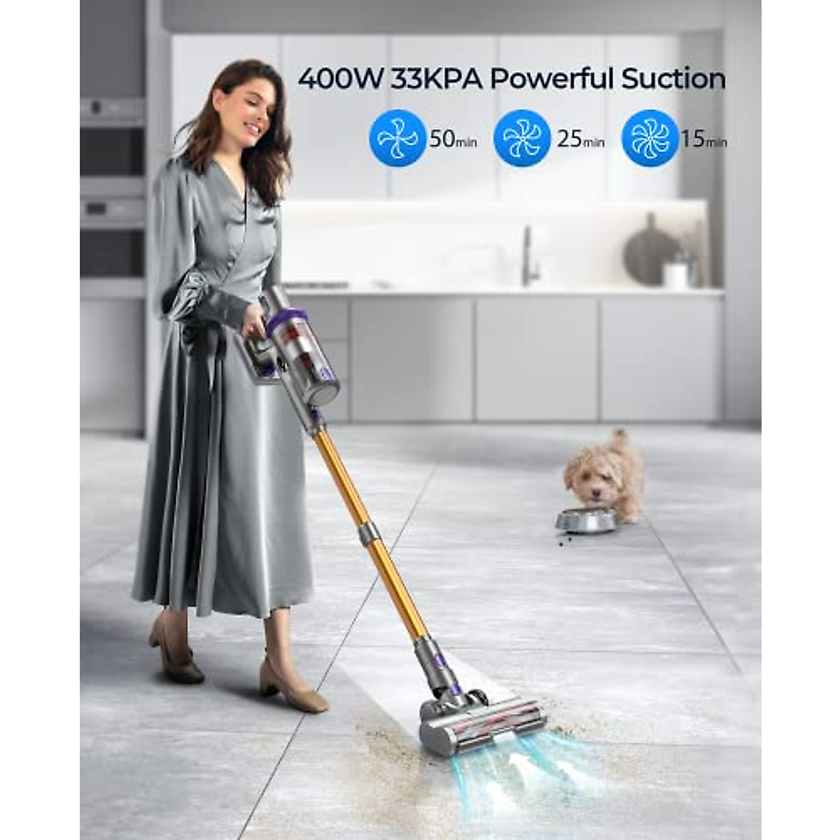Laresar Cordless Vacuum Cleaner, 400W/33000pa Stick Vacuum Cleaner with Touch Screen, Up to 50 Mins Runtime, Handheld Anti-Tangle Vacuum Cleaner, Edge Cleaning, Pet Hair, Carpet and Hardwood Floor