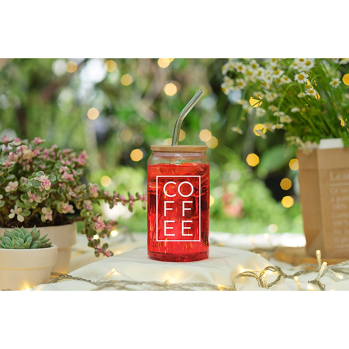 NewEleven Cute Glass Coffee Cups With Lids And Straw – Aesthetic Cups – Iced Coffee Cup, Coffee Tumbler, Glass Tumbler – Cute Gifts For Women, Coffee Lover - 16 Oz Coffee Glass