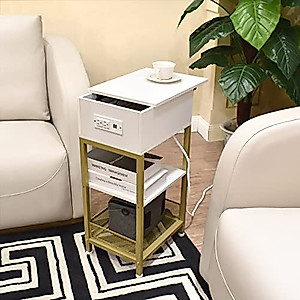 SZLHANJZ Modern Nightstand, White Nightstand with Charging Station, Slide Top Bed Side Table with Storage Drawer, 3 Tier Wood & Metal Narrow End Table for Home Apartment Dorm, Gold + White